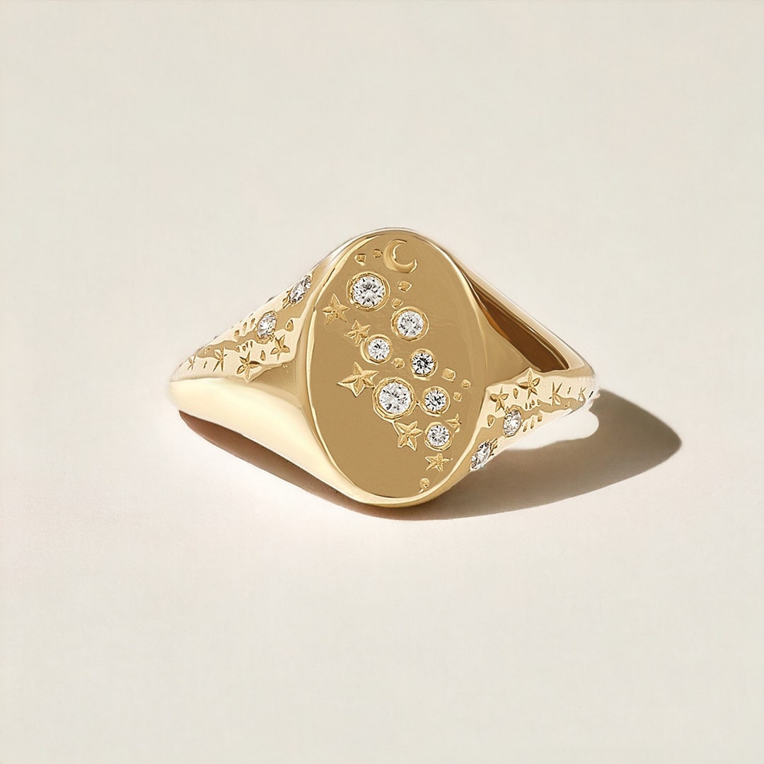 14K Gold Diamond Celestial Ring, Star and Moon Dome Ring, Gold Pinky ...