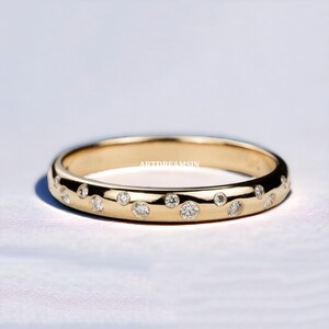 3MM Flush Set Diamond Band, 14K Gold Scattered Diamond Wedding Band, Stacking Ring, Surface ...