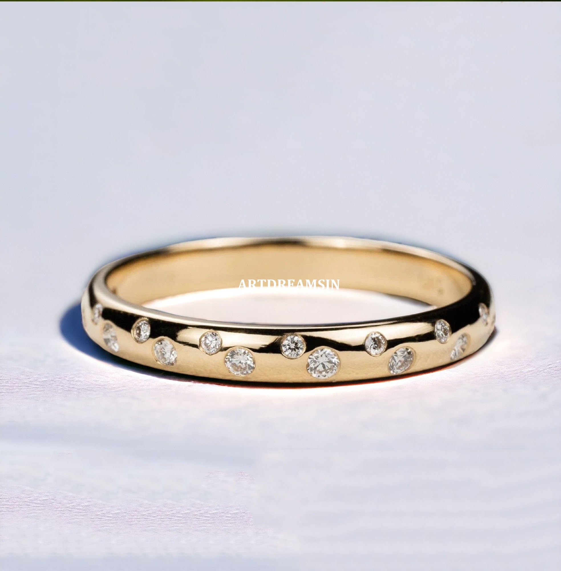3MM Flush Set Diamond Band, 14K Gold Scattered Diamond Wedding Band ...