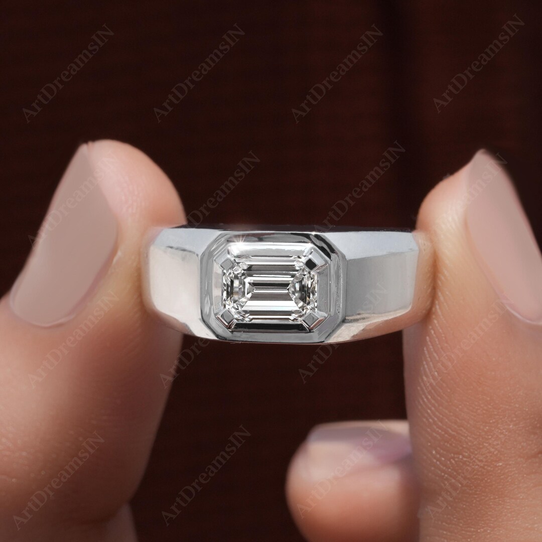 Emerald Cut Diamond Signet Ring for Men, Lab Grown Diamond Wedding Ring ...