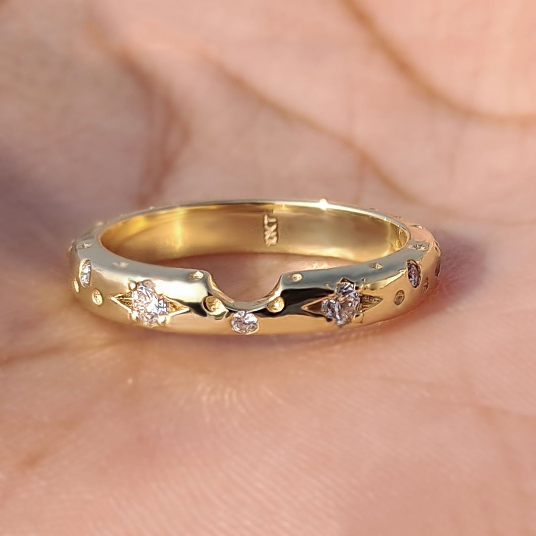 14k Gold Diamond Starbust Ring, Notch Wedding Band, Star Engraved ...