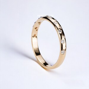 3MM Flush Set Diamond Band, 14K Gold Scattered Diamond Wedding Band, Stacking Ring, Surface ...