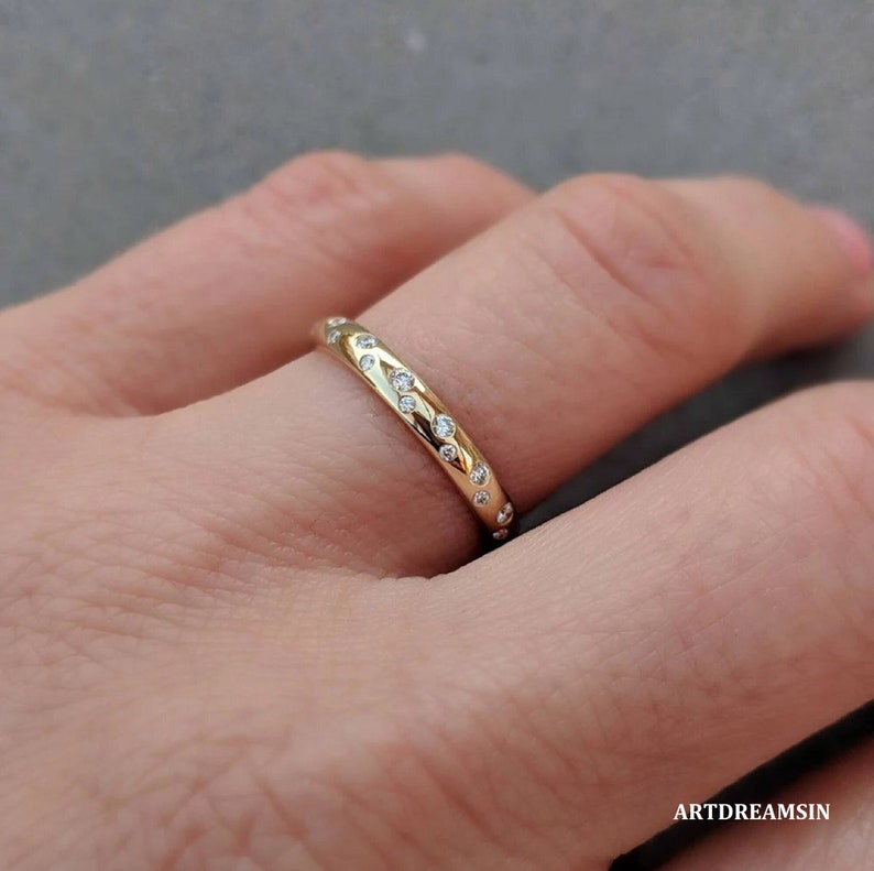 3MM Flush Set Diamond Band, 14K Gold Scattered Diamond Wedding Band, Stacking Ring, Surface ...