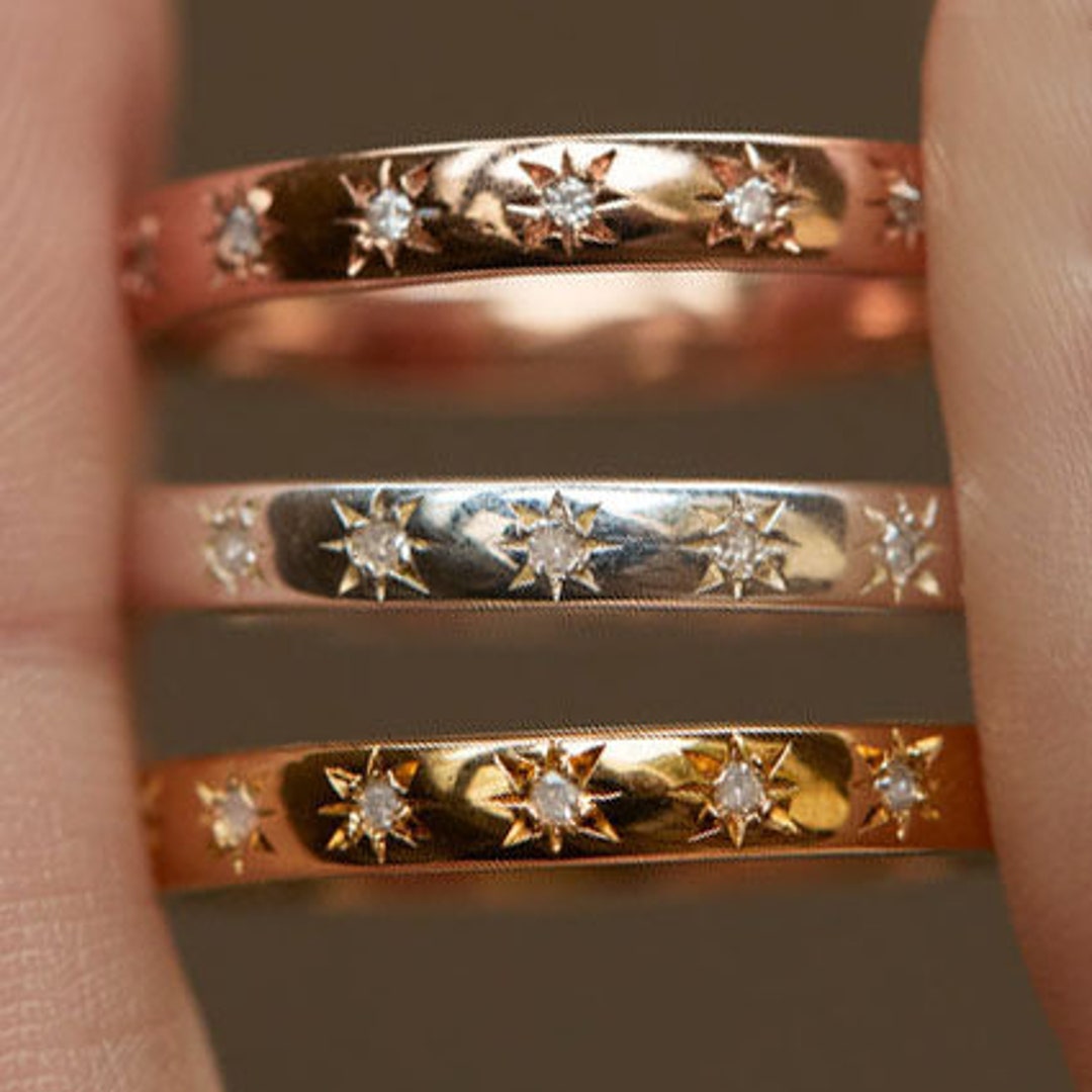14k Gold Diamond Starbust Ring, 3MM Dainty Celestial Wedding Band, Star ...