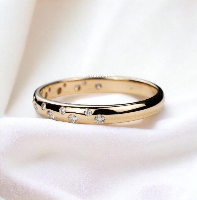 3MM Flush Set Diamond Band, 14K Gold Scattered Diamond Wedding Band, Stacking Ring, Surface ...