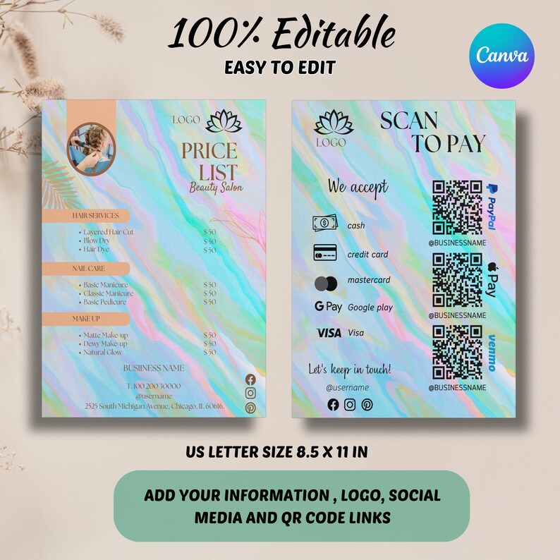 Qr Code Sign Price List Template Iridescent Scan to Pay Small Business ...