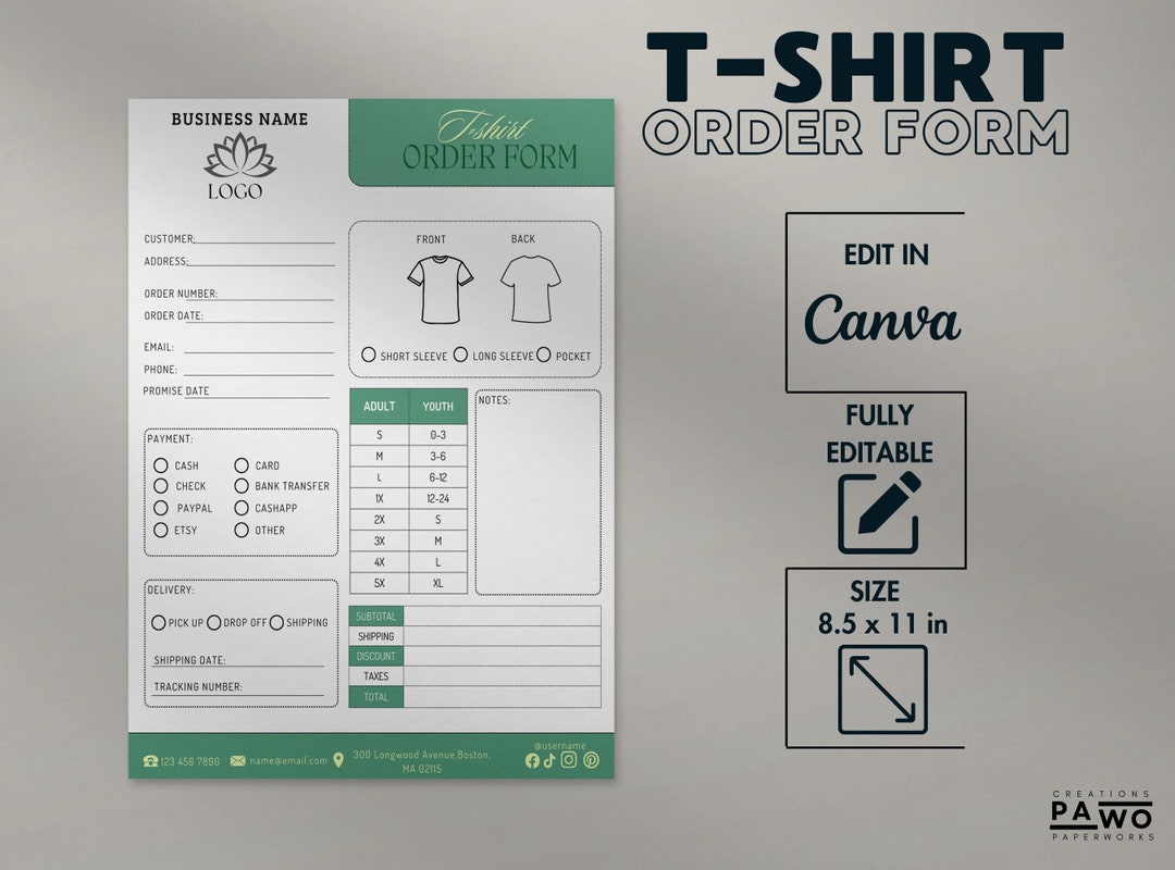 Tshirt Order Form Template Custom Shirt Order Form Order Tracker ...