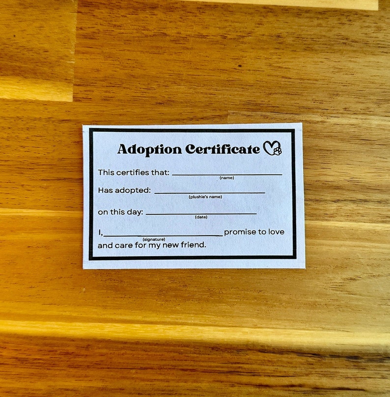 Plushie Adoption Certificate | Printable Toy Adoption Card (digital ...
