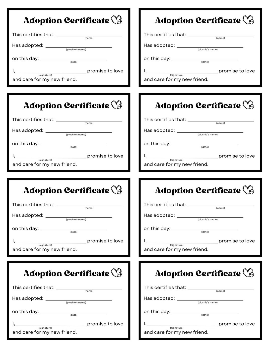 Plushie Adoption Certificate | Printable Toy Adoption Card (digital ...