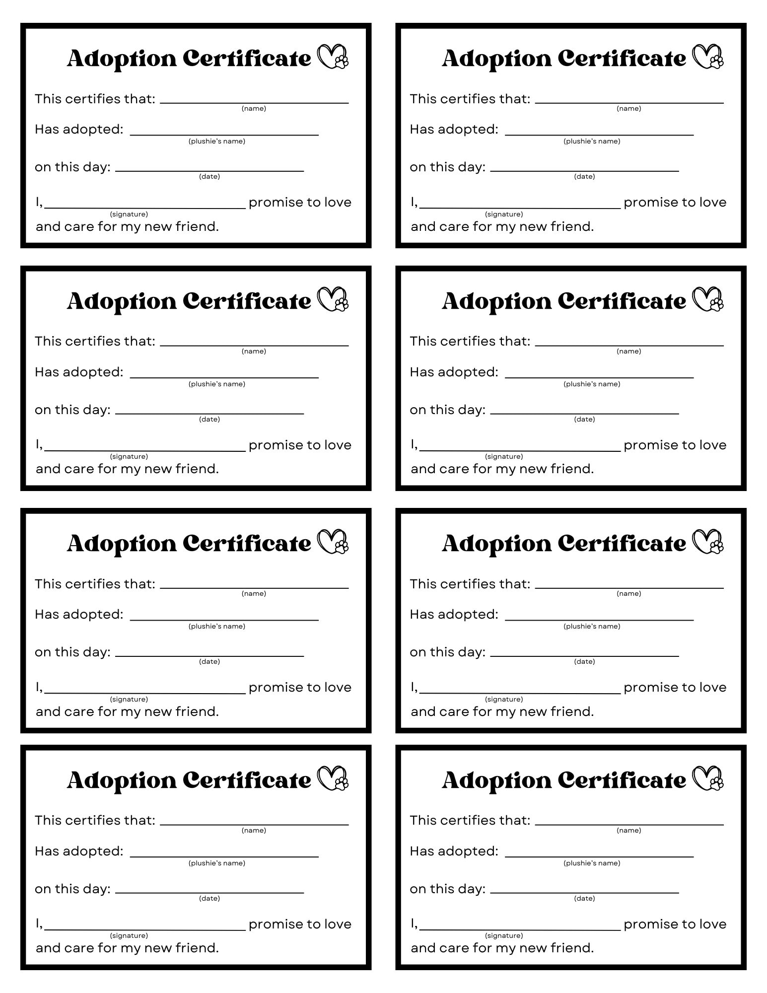 Plushie Adoption Certificate | Printable Toy Adoption Card (digital ...
