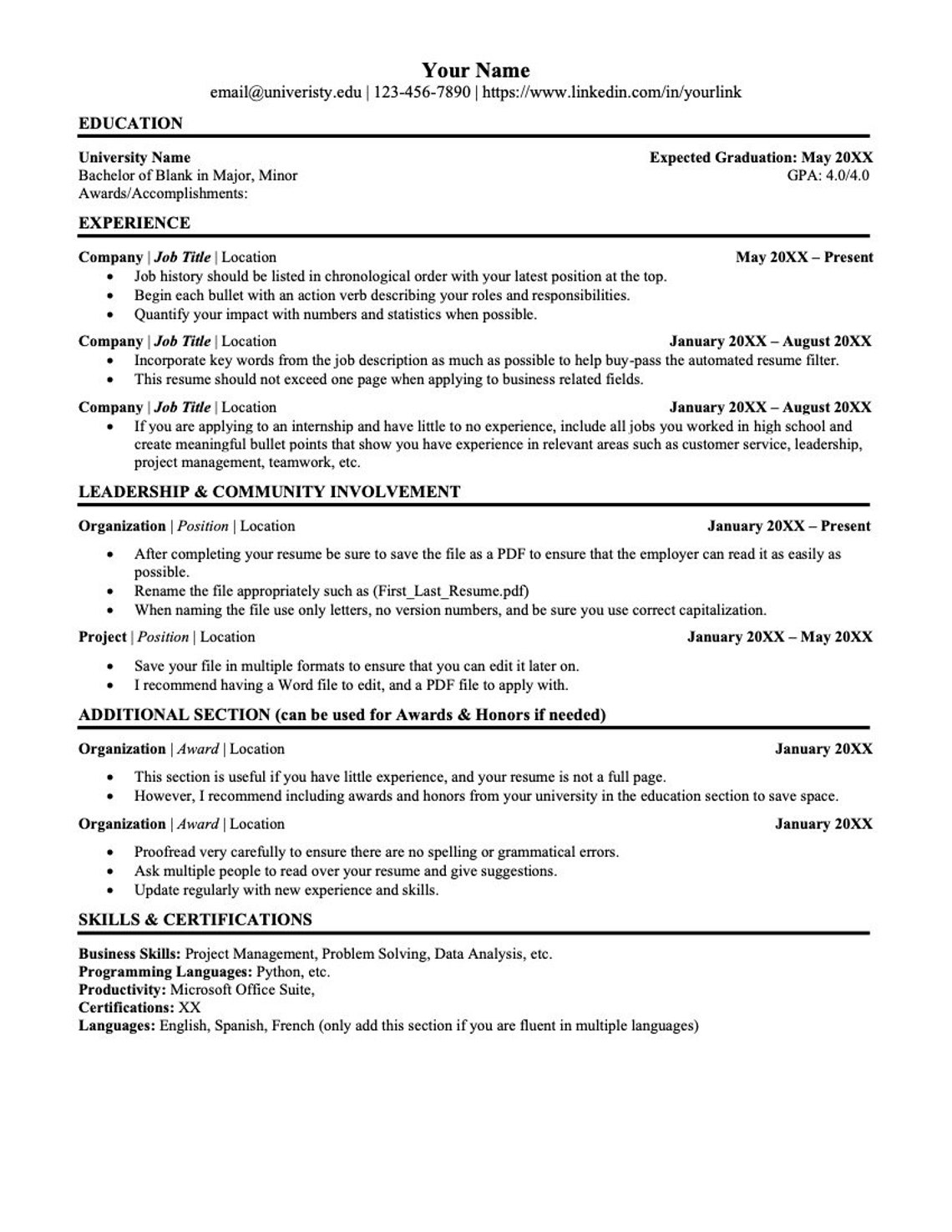 Professional College Resume | Academic Resume | Business Student Resume ...