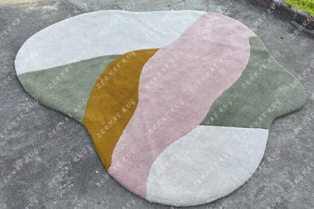 Organic Abstract Hand Tufted Wool Rug Earth Tones Irregular Shape 3x3 ...