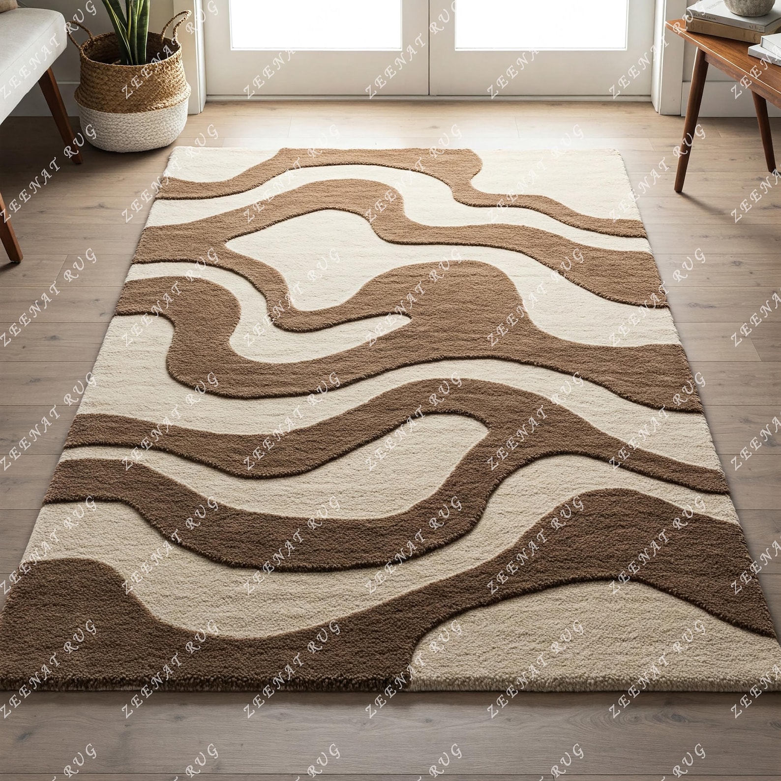 Flow Line Rug Hand Tufted Wool Rug in Brown & Cream Modern Shape 8x10 ...
