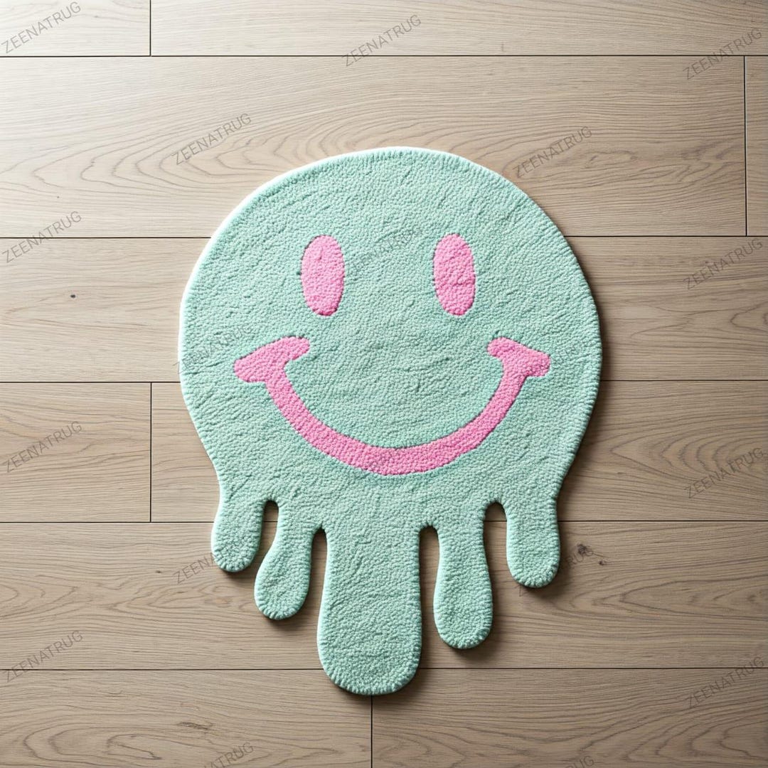 Hand Tufted Smiley Face Emoji Rug in Mint Green and Pink Fun Kids ...