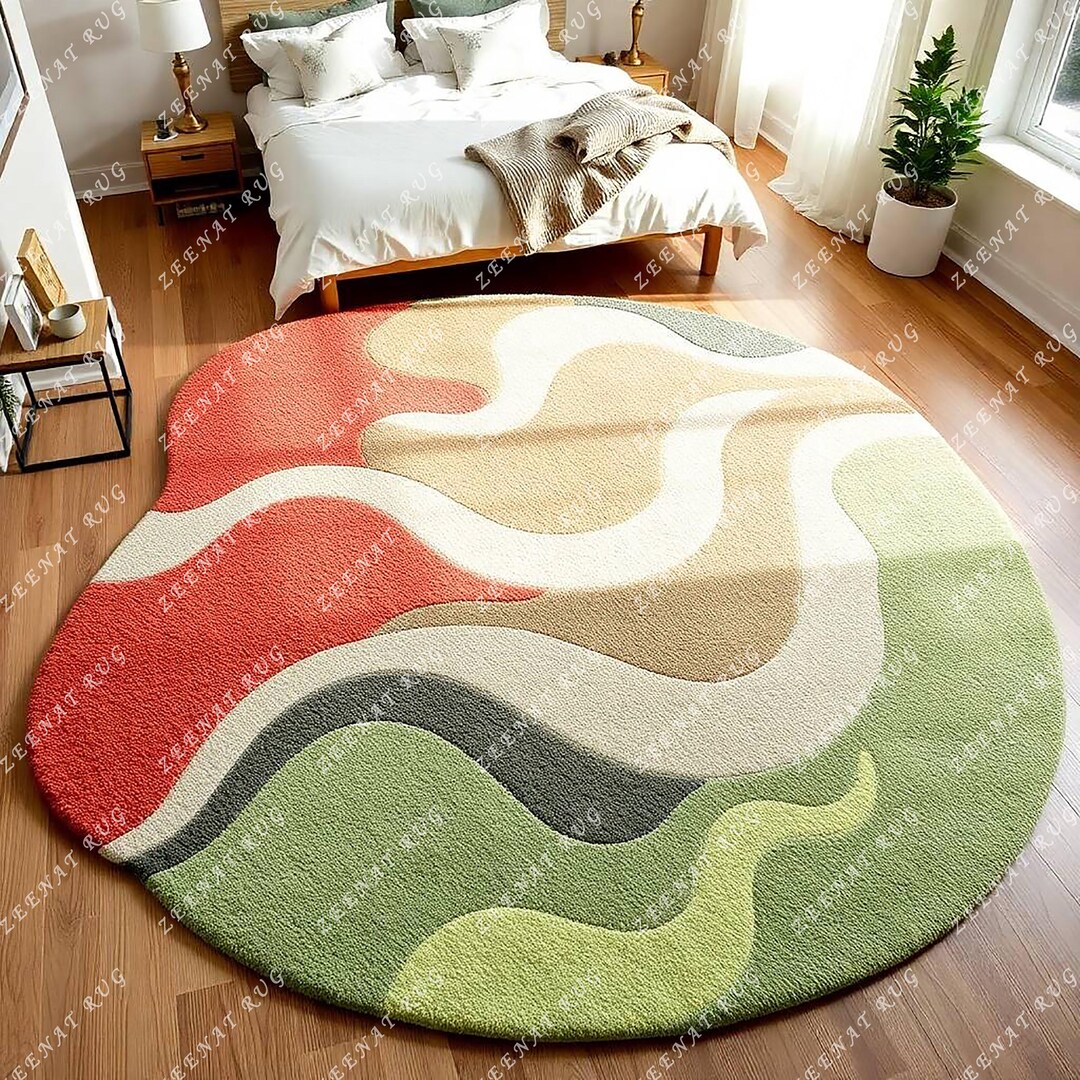 Flow Hand Tufted Wool Rug Green Color Irregular Shape 8x10 Handmade ...