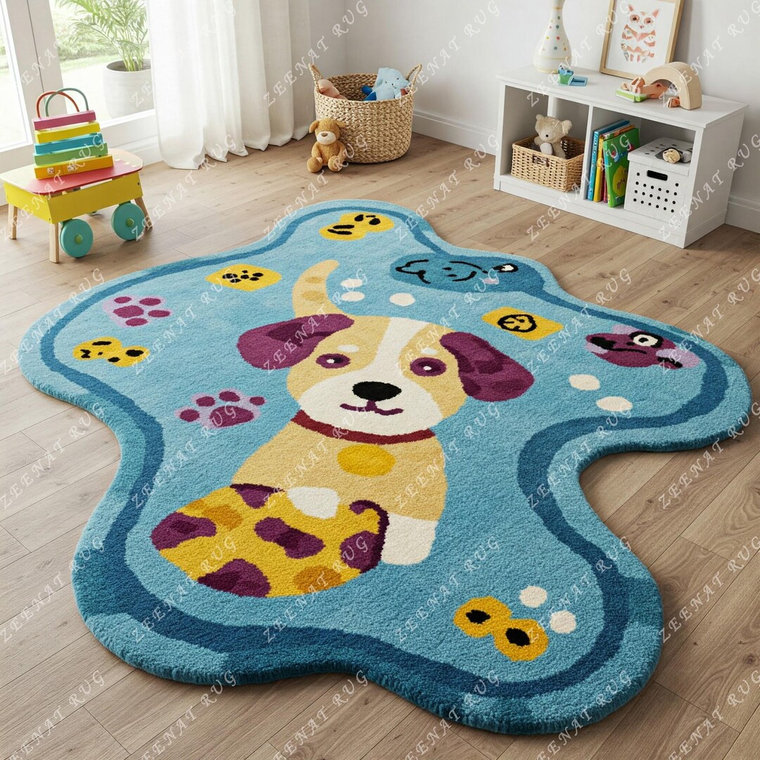 Puppy Puddle" Hand-tufted Wool Rug. Playful Puppy Design in Vibrant ...