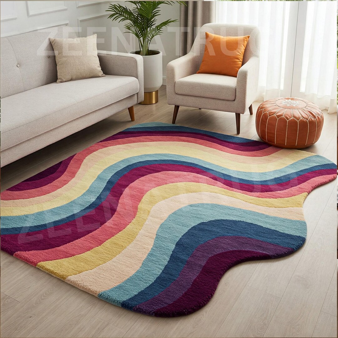 Wavy Rainbow Rug | Abstract Hand-tufted Wool Muticolor Irregular Shape ...