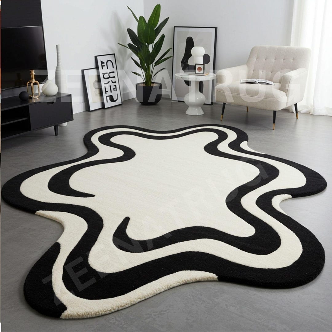 Bold Black and White Blob Hand-tufted Abstract Area Rug for Modern ...