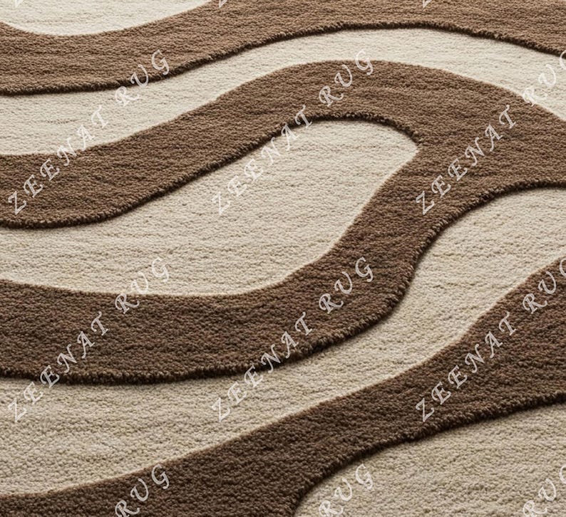 Flow Line Rug Hand Tufted Wool Rug in Brown & Cream Modern Shape 8x10 ...