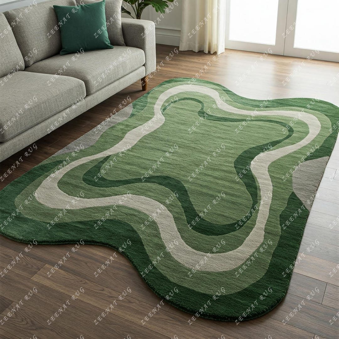 Handmade Tufted Wool Rug - Amoeba Design Green & Beige Unique Texture ...