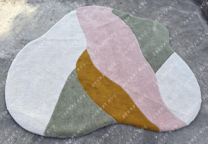 Organic Abstract Hand Tufted Wool Rug Earth Tones Irregular Shape 3x3 ...