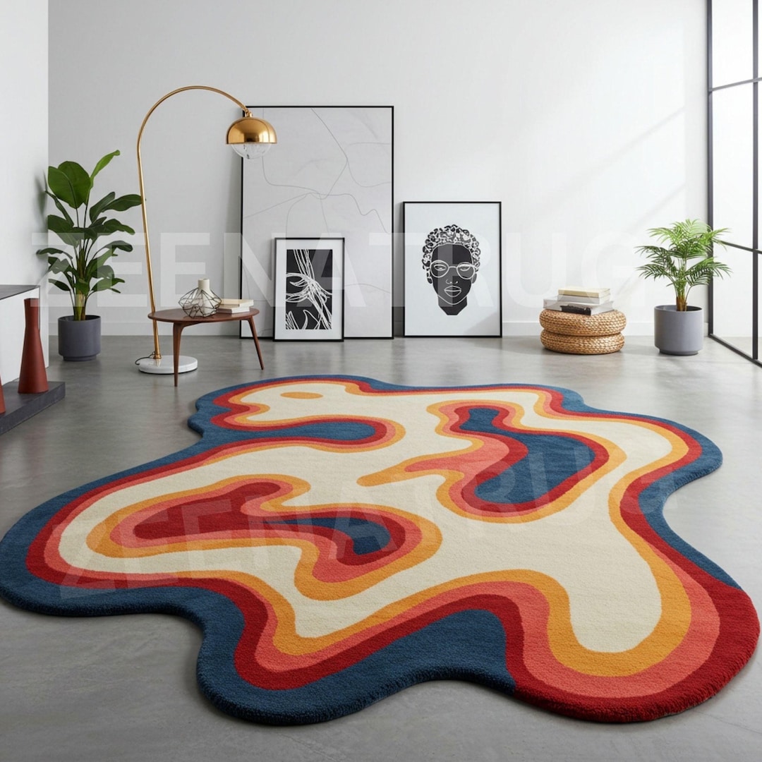 Colorful Lava Lamp Abstract Area Rug - Hand-tufted Wool Irregular Shape ...