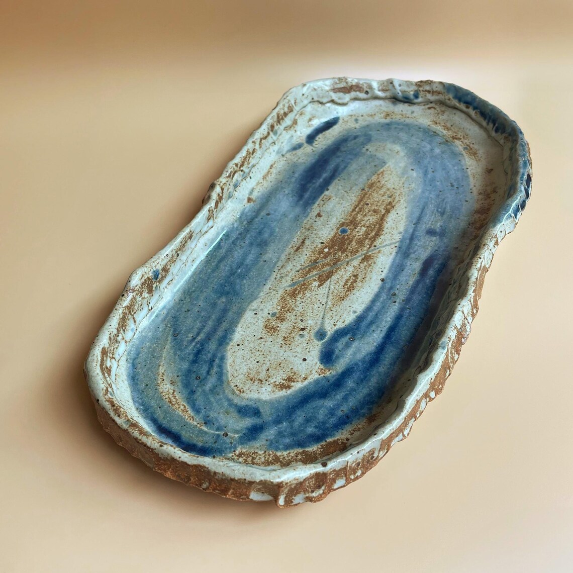 Large Handmade Ceramic Serving Platter – Oval Speckled White With Blue ...