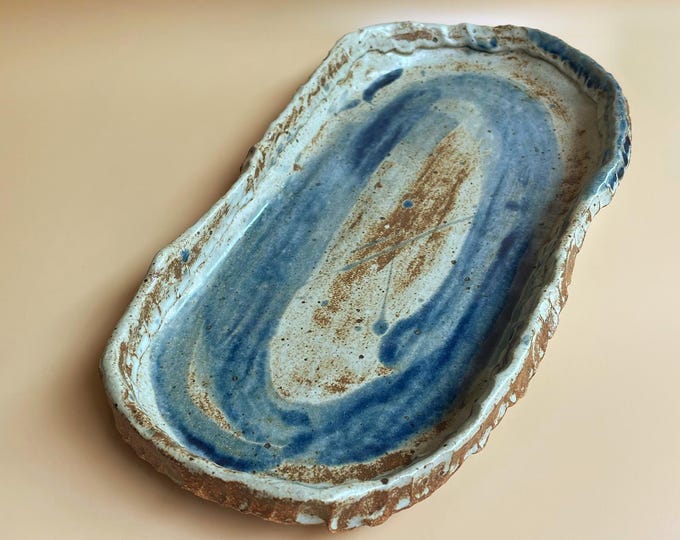 Large Handmade Ceramic Serving Platter – Oval Speckled White With Blue ...