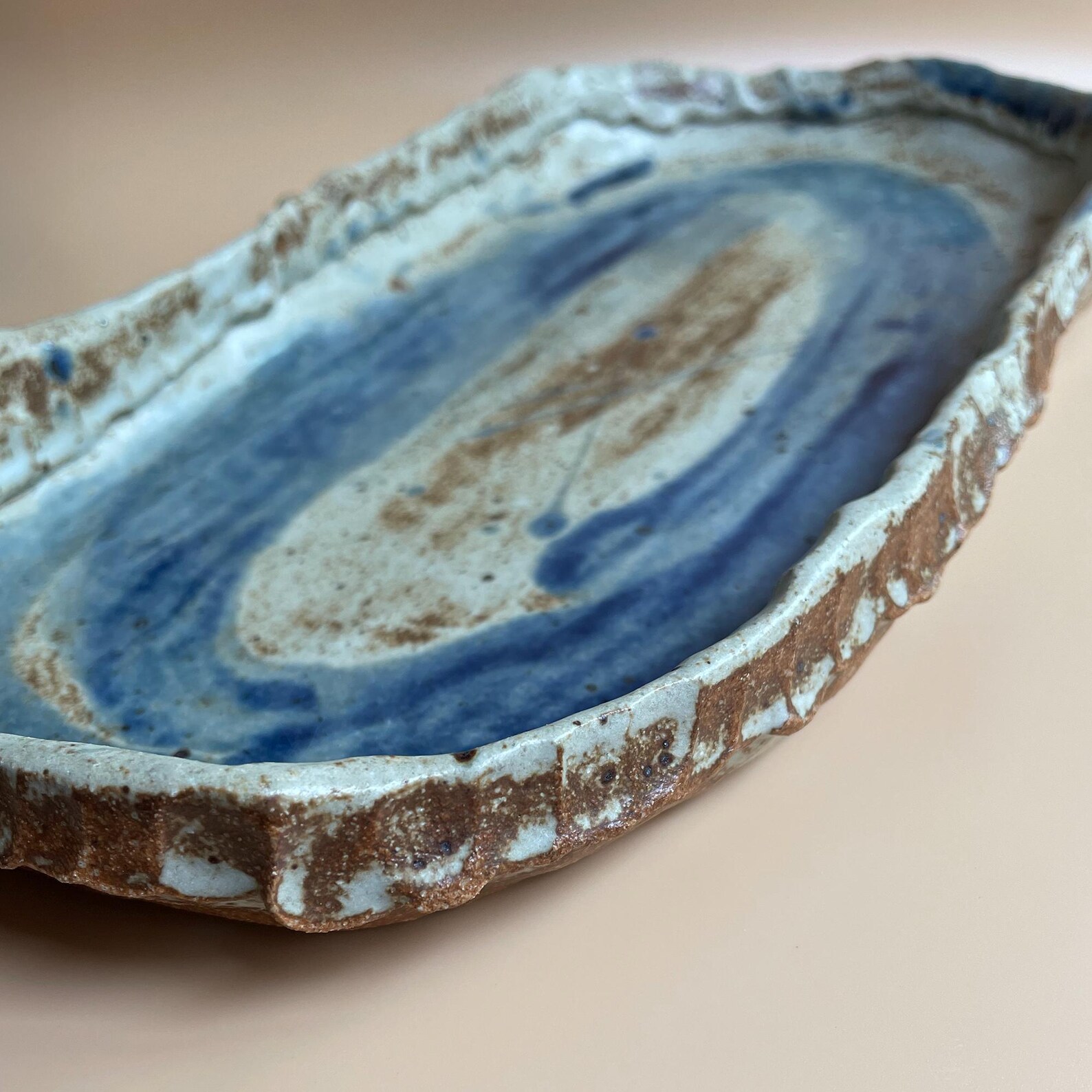 Large Handmade Ceramic Serving Platter – Oval Speckled White With Blue ...