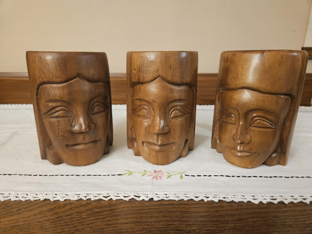 Vintage Set of 3 Hand Carved Wood Head Mugs - Tiki Mugs - Etsy