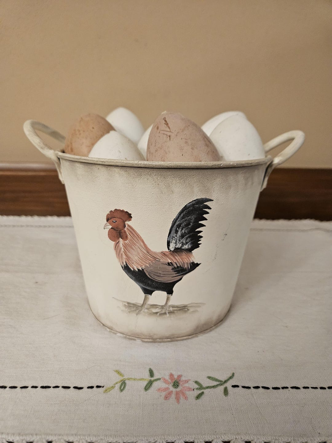 Rooster Bucket With Realistic Solid Fake Eggs. Country Decor, Farmhouse ...