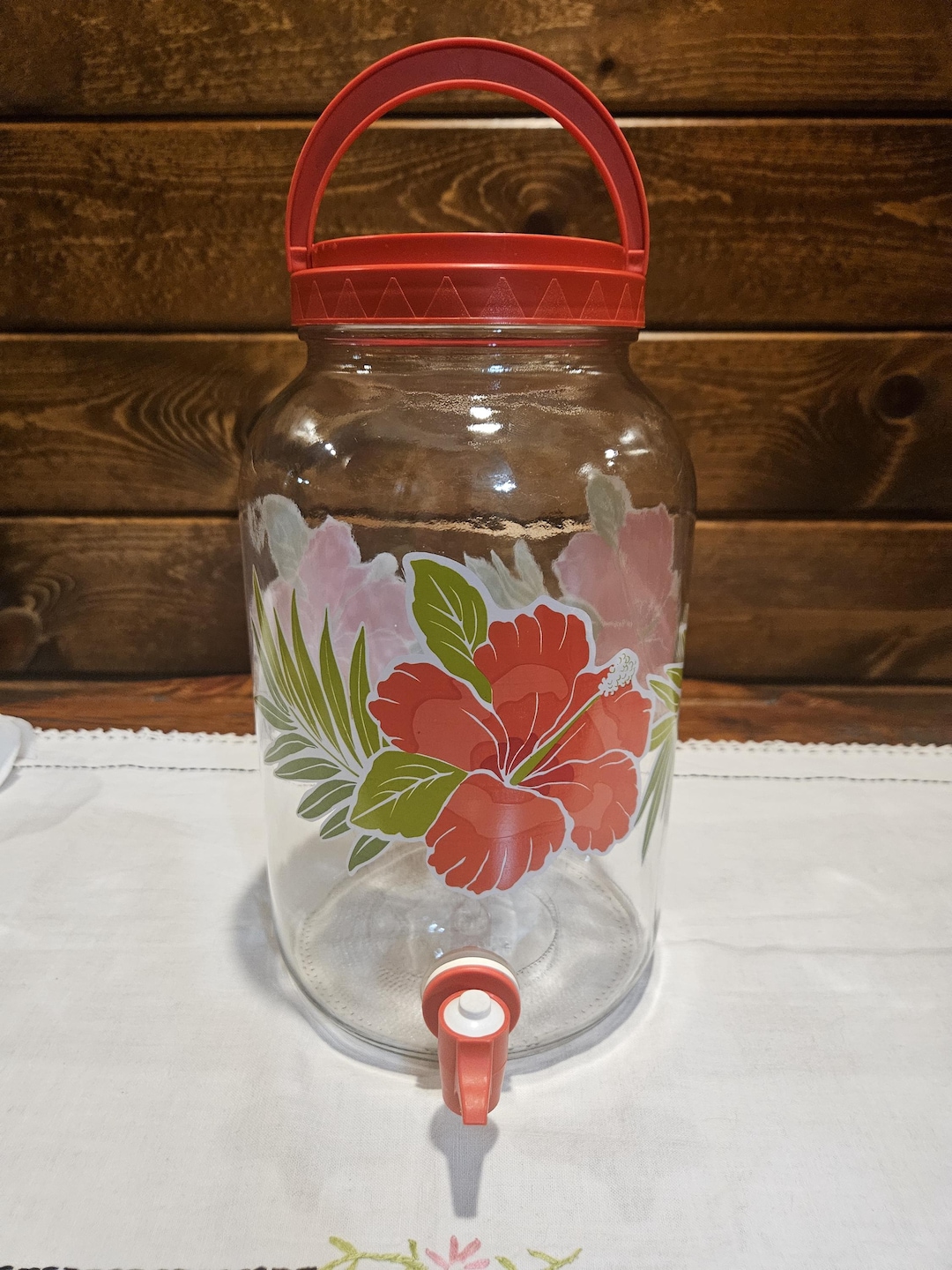 Vintage Sun Tea Jar. Hibiscus Pattern. Iced Tea Jar. Gallon Glass Tea ...