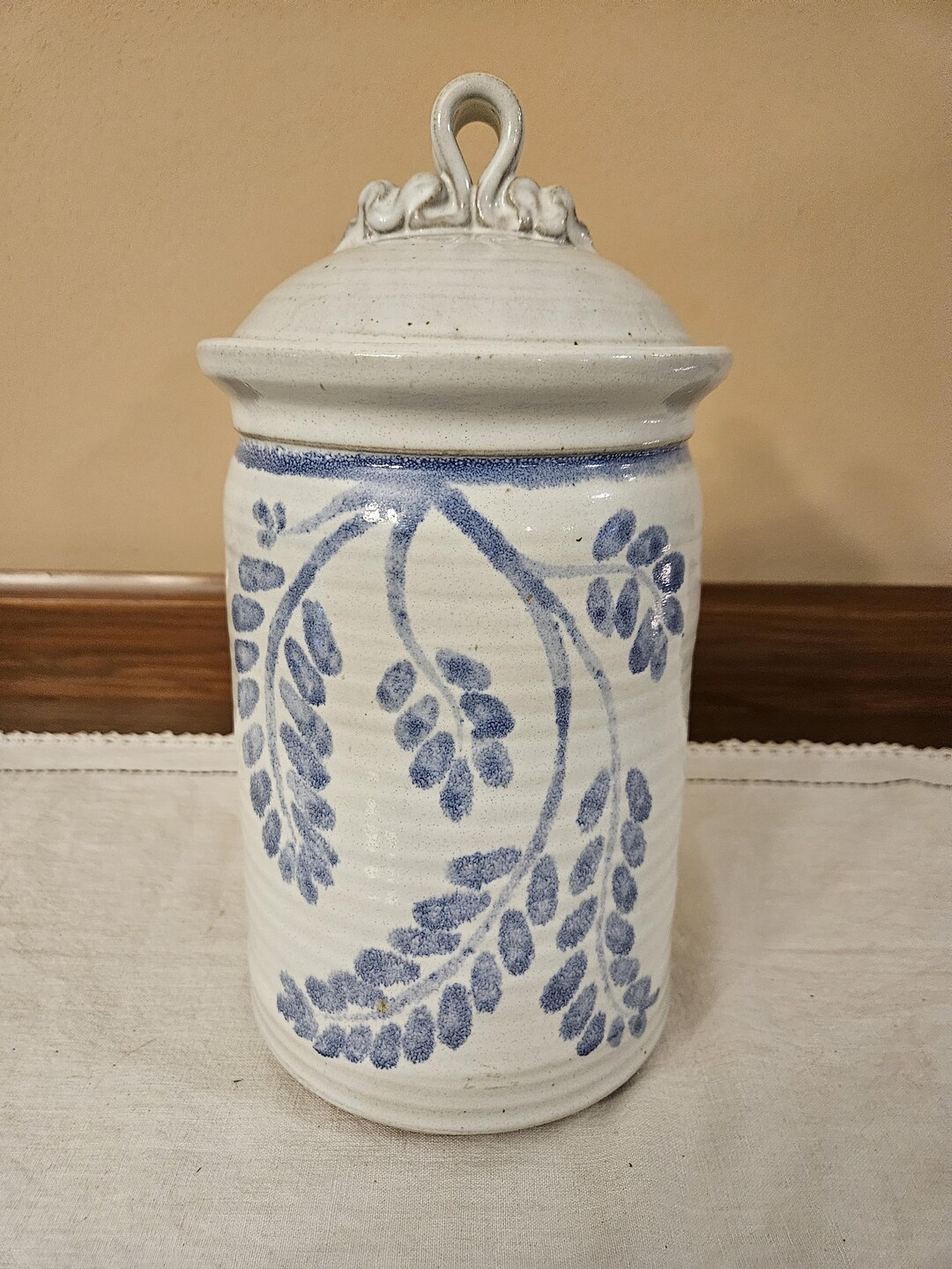 Vintage Stoneware Pottery Storage Crock With Lid. Blue Leaf Pattern. - Etsy