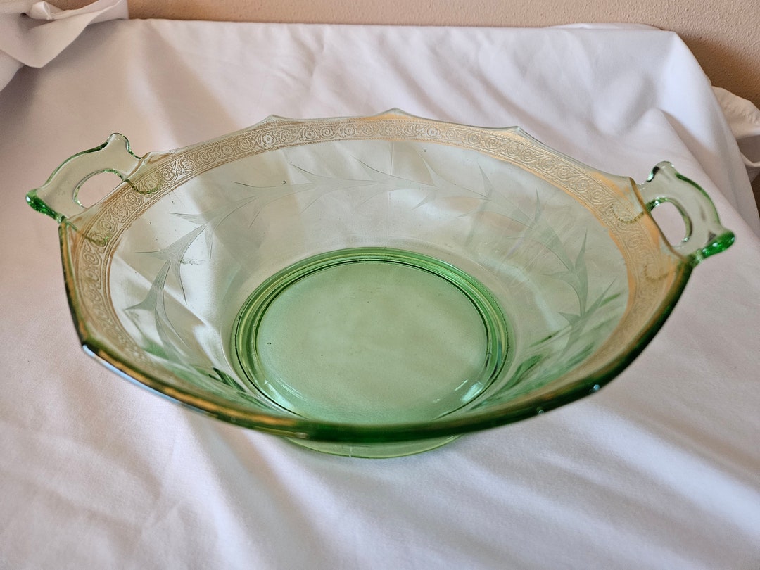 Vintage Green 2 Handle Depression Glass With Etching All Around and ...