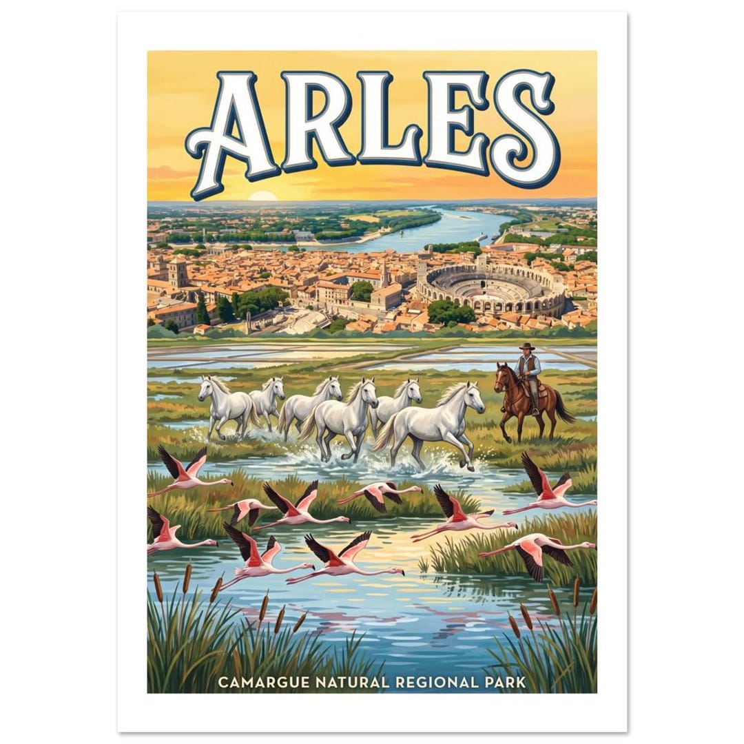 Arles Camargue Vintage Poster | French Rivera Horse & Flamingo Art ...