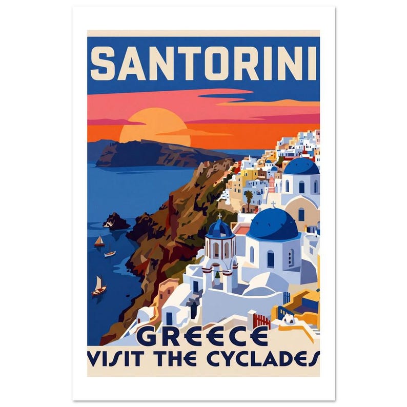 Santorini Greece Vintage Travel Poster | Cyclades Wall Art | Retro ...