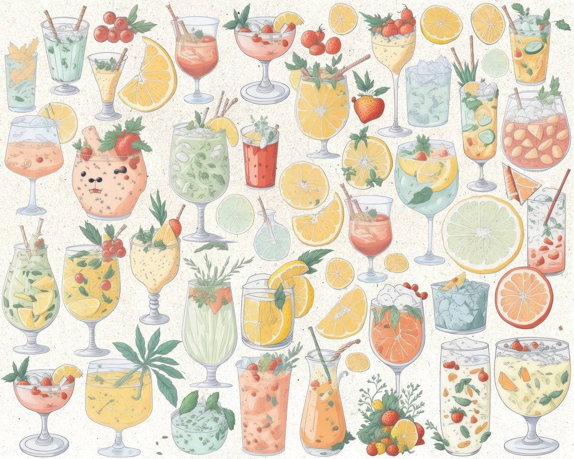 Summer Cocktails Drawings Clipart Pack | Refreshing Tropical Drinks ...