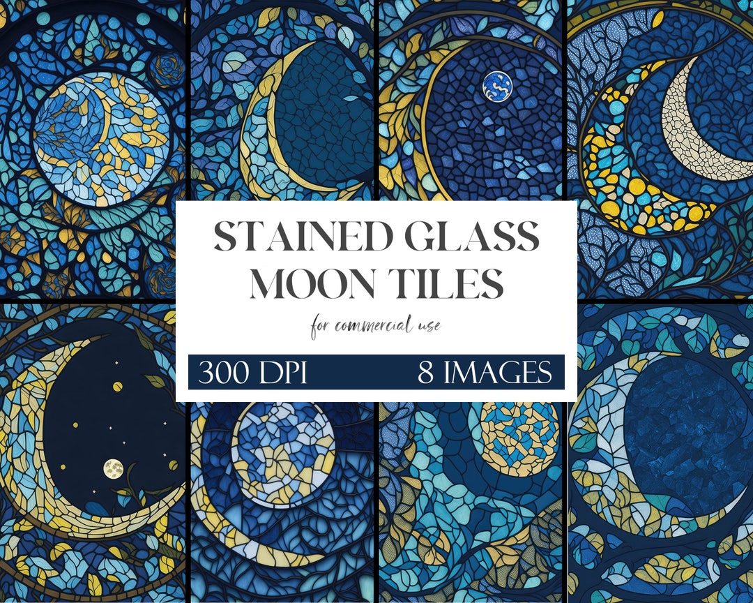 Stained Glass Moon Tiles Digital Paper Set Printable Seamless Textures ...