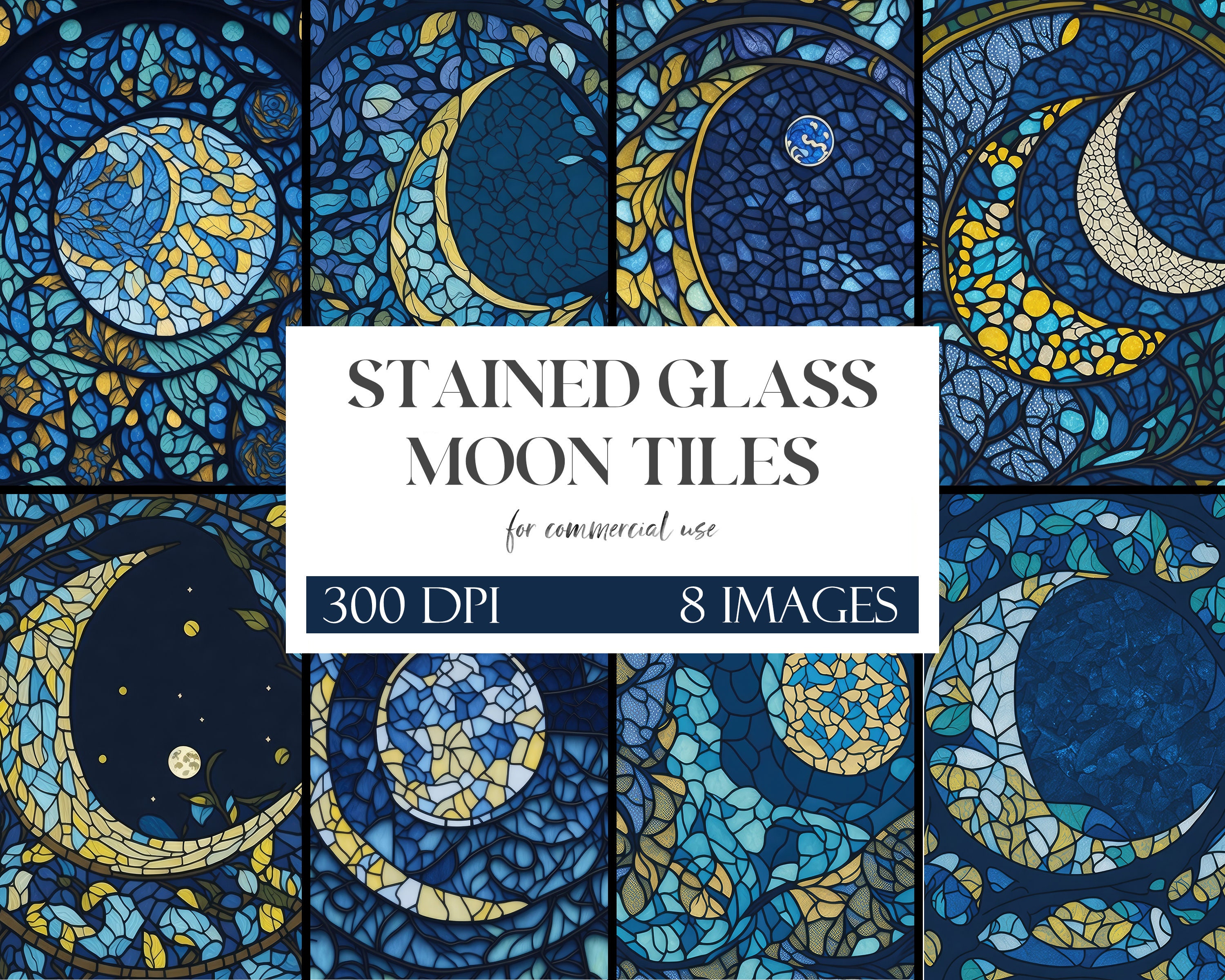 Stained Glass Moon Tiles Digital Paper Set Printable Seamless Textures ...