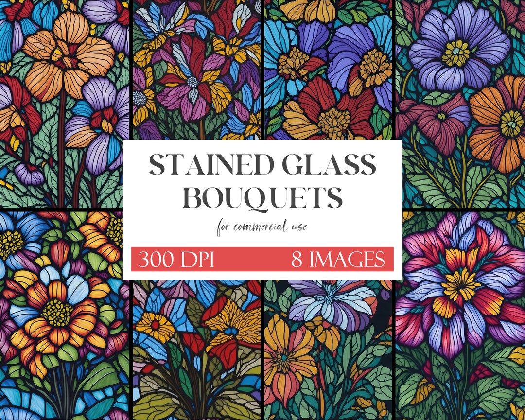 Stained Glass Flower Bouquets Tiles Digital Paper | Printable Seamless ...