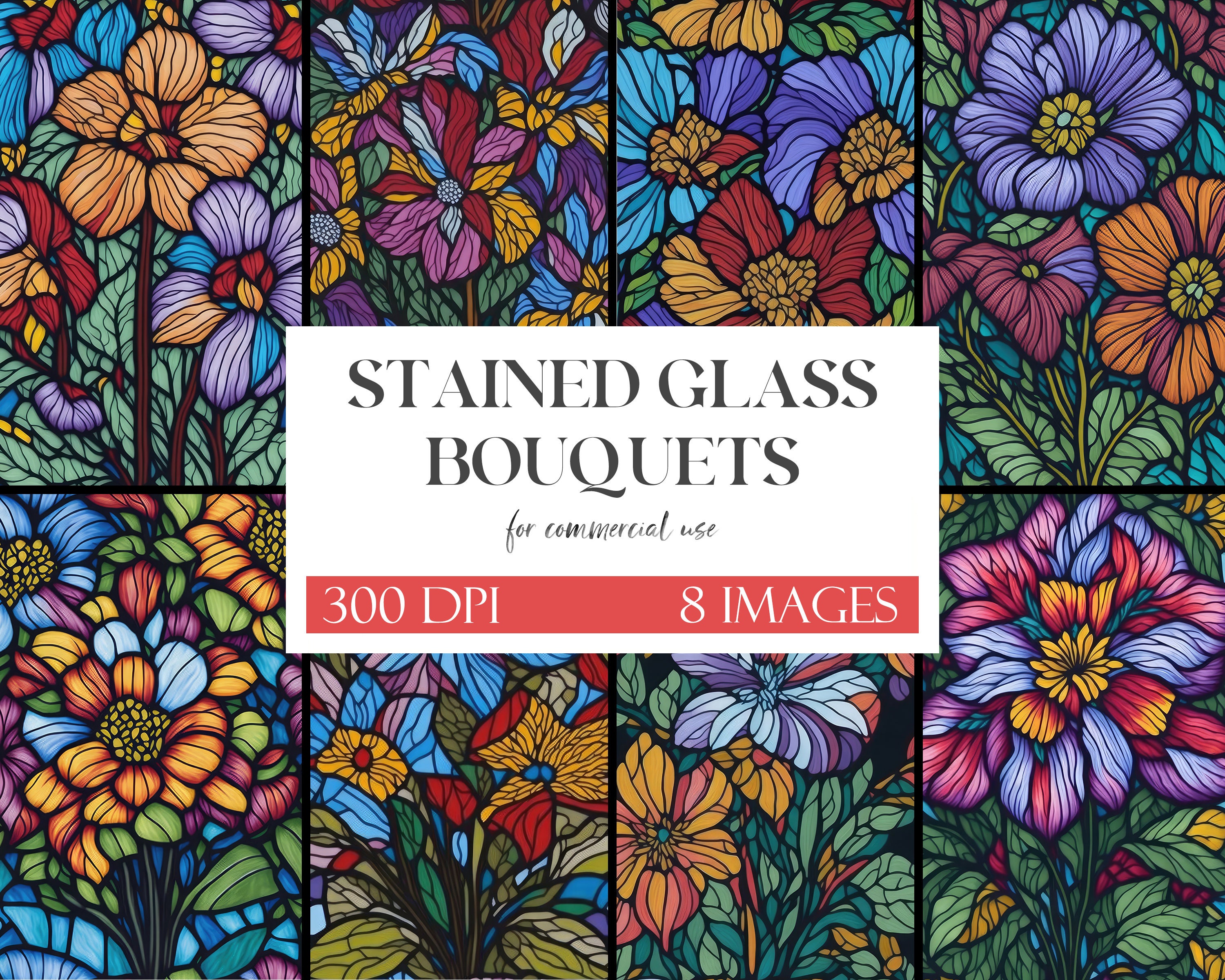 Stained Glass Flower Bouquets Tiles Digital Paper | Printable Seamless ...