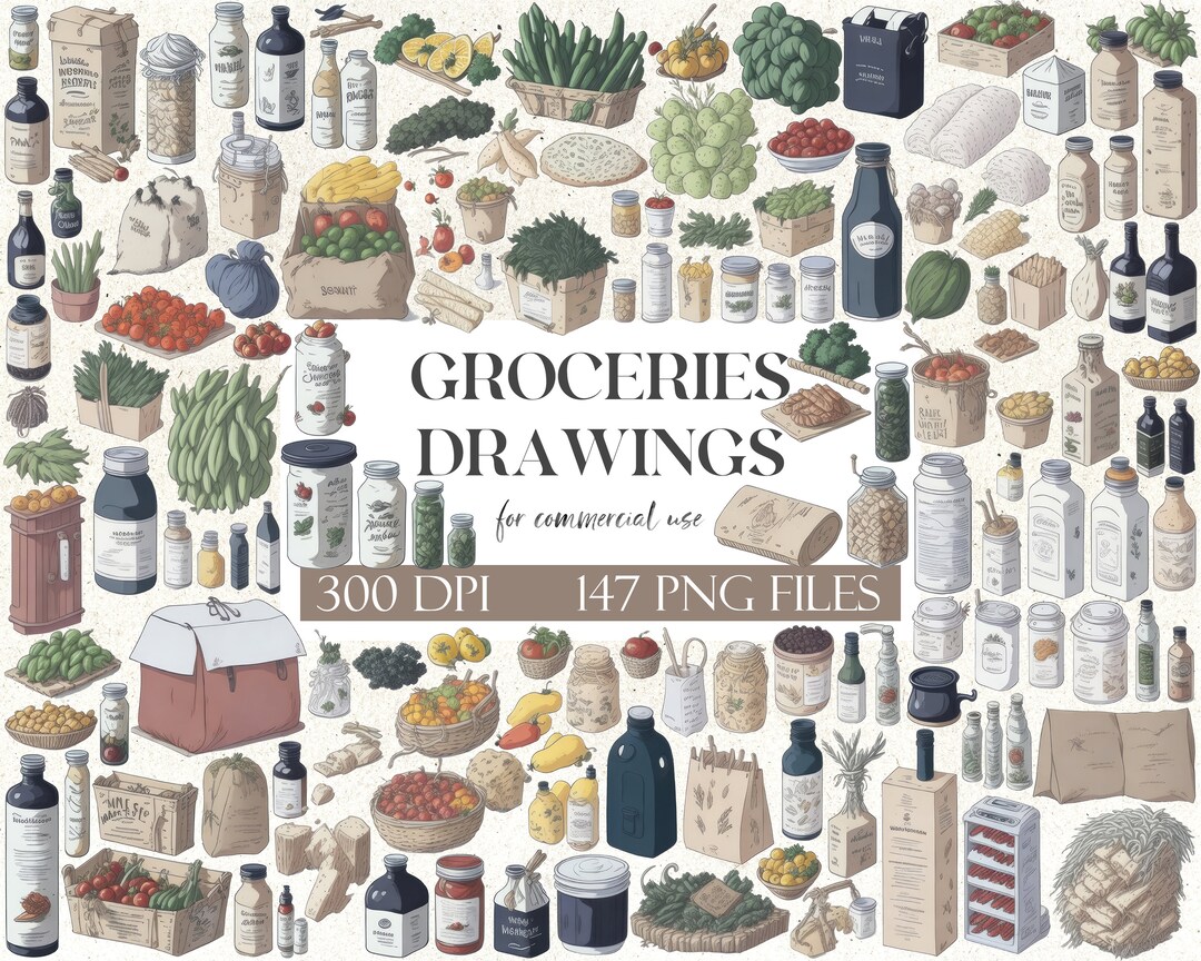 Grocery Drawings Clipart Pack | Digital Art for Creative Projects ...