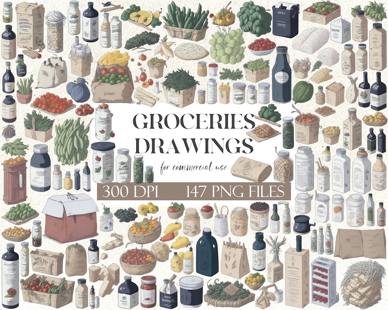 Grocery Drawings Clipart Pack | Digital Art for Creative Projects ...