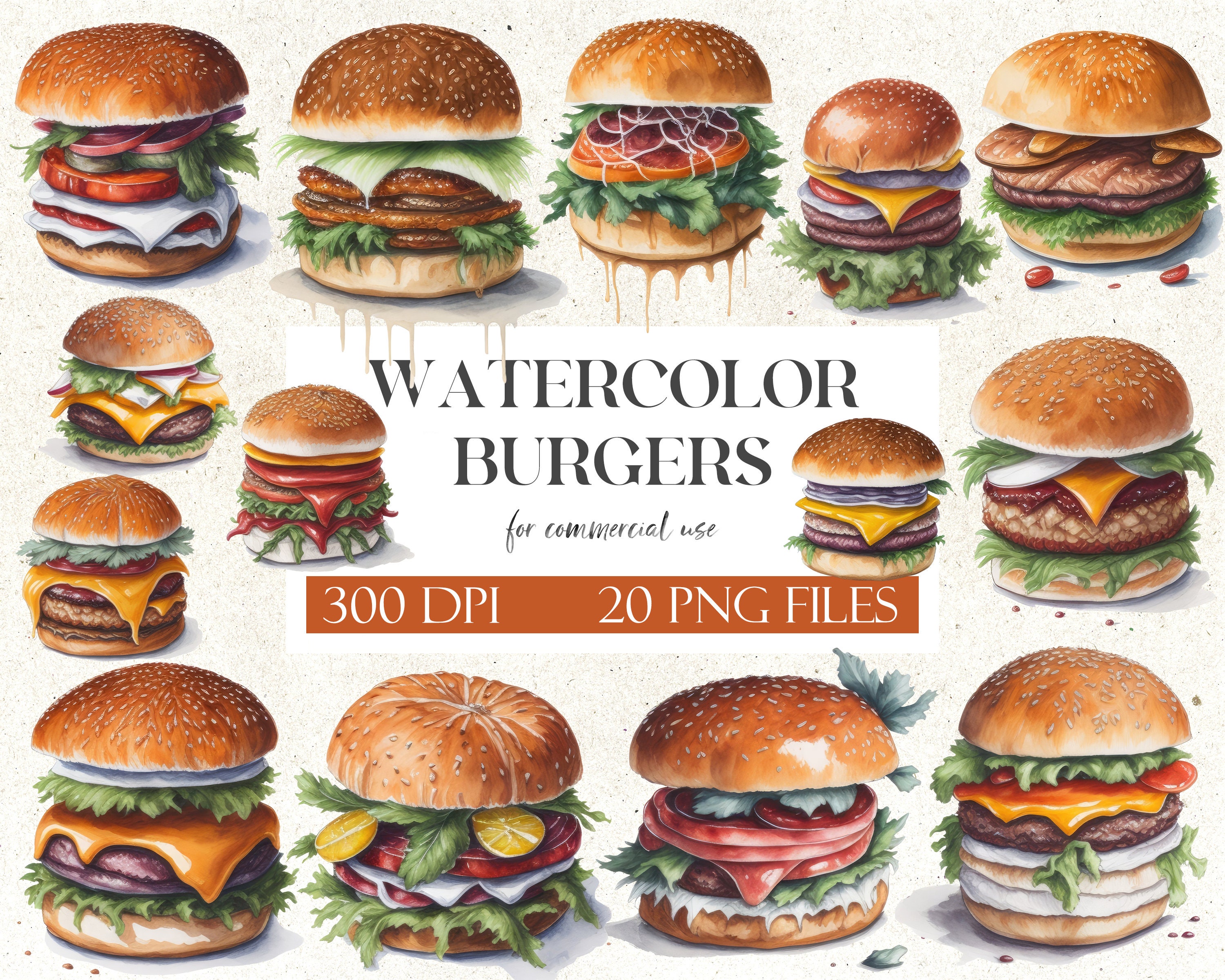 Burger Delights Watercolor Burgers Clipart Pack Colorful - Etsy