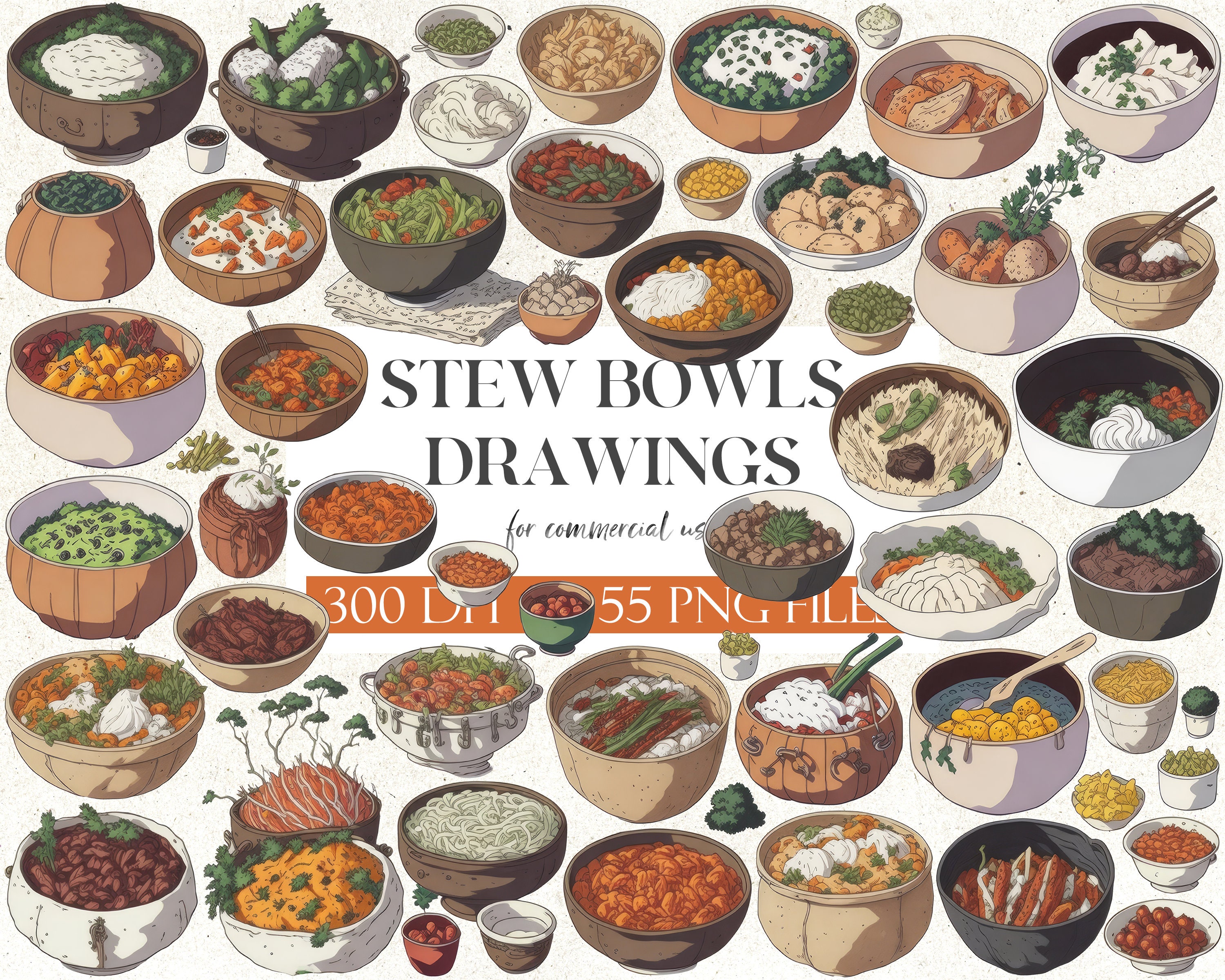 Stew Bowls Drawings Clipart Pack 55 PNG Digital Art for Creative ...