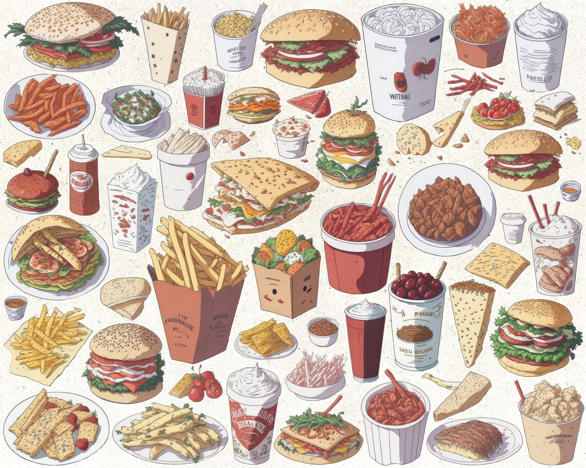 Fast Food Doodles Clipart Pack | 56 PNG | Digital Art for Creative ...