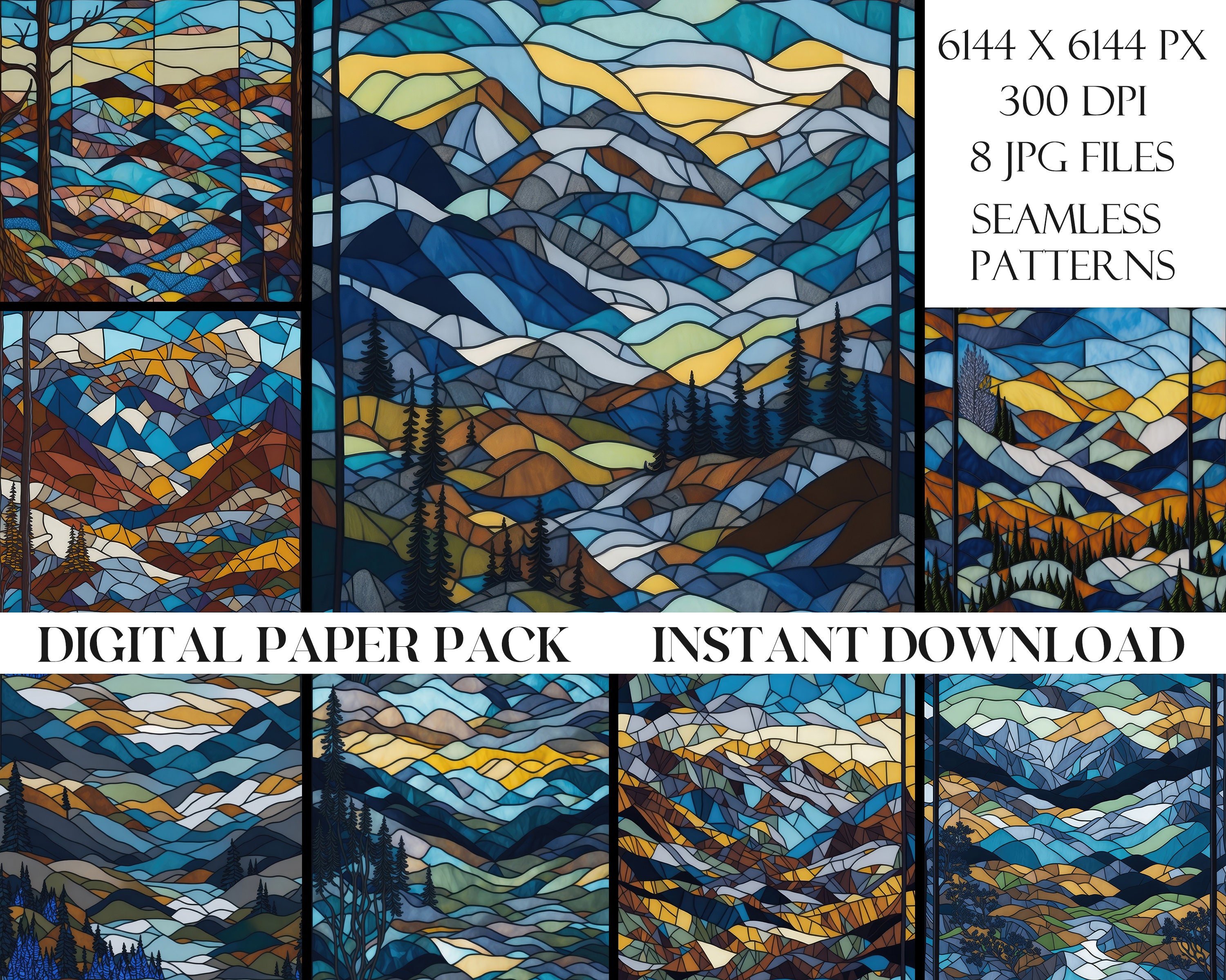 Stained Glass Tundra Landscape Tiles Digital Paper Printable Seamless ...
