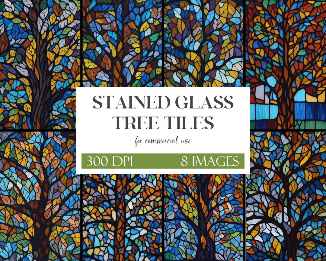 Stained Glass Tree Tiles Digital Paper Set Printable Seamless Textures ...