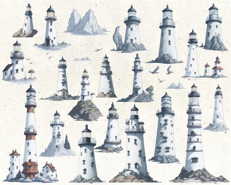 Lighthouse Drawings Clipart Pack | Digital Download for Crafts ...