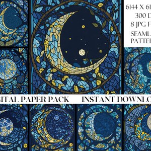 Stained Glass Moon Tiles Digital Paper Set Printable Seamless Textures ...